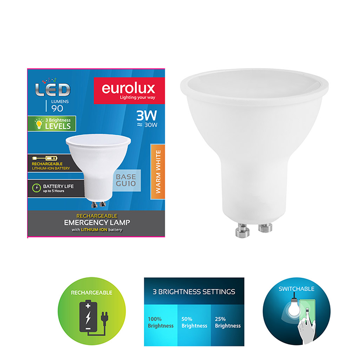Eurolux G1108WW - Rechargeable GU10 LED 3W Warm White Bulb | Buy Online ...