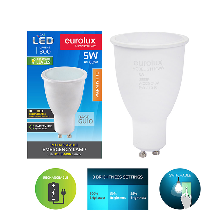 Eurolux G1110WW - Rechargeable GU10 LED 5w Warm White | Buy Online ...