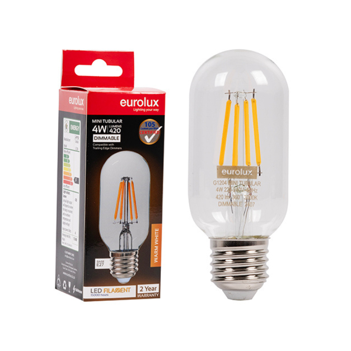 Eurolux G1204 Mini Tubular Filament 4w LED E27 3000K Dimmable | Buy ...